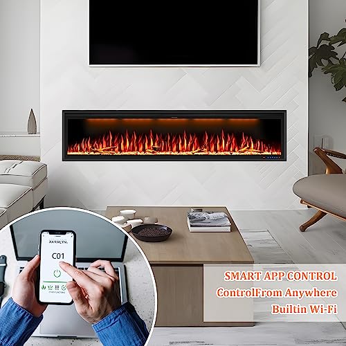 Benrocks 74'' Slim Electric Fireplace Inserts - WiFi-Enabled, Alexa & App Control, Recessed & Wall Mounted, 13 * 13 * 3 Flame Color Combinations, 750W/1500W, Black