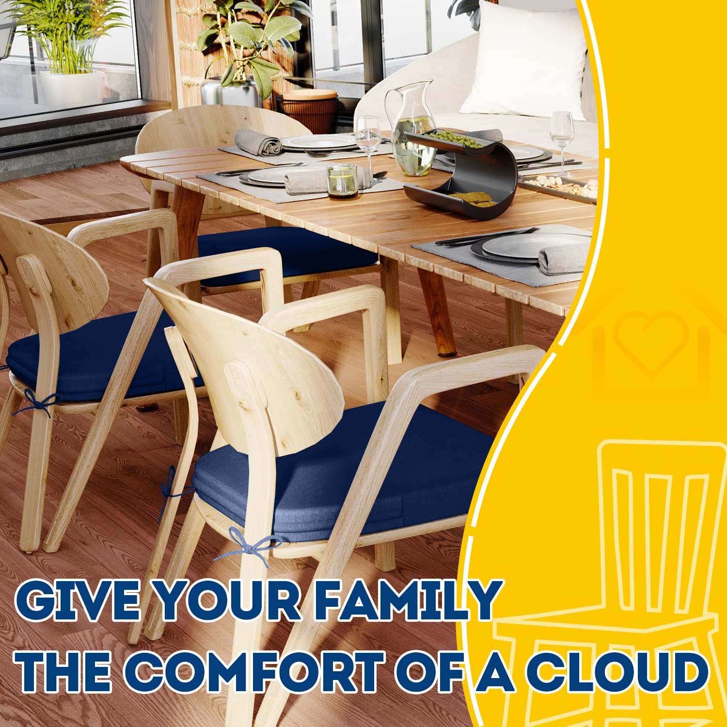 AAAAAcessories U-Shaped Chair Cushions for Dining Chairs with Ties and Removable Cover, 2" Thick Dining Kitchen Chair Pads, Indoor Dining Room Chair Cushions, 17" x 16", 4 Pack, Blue
