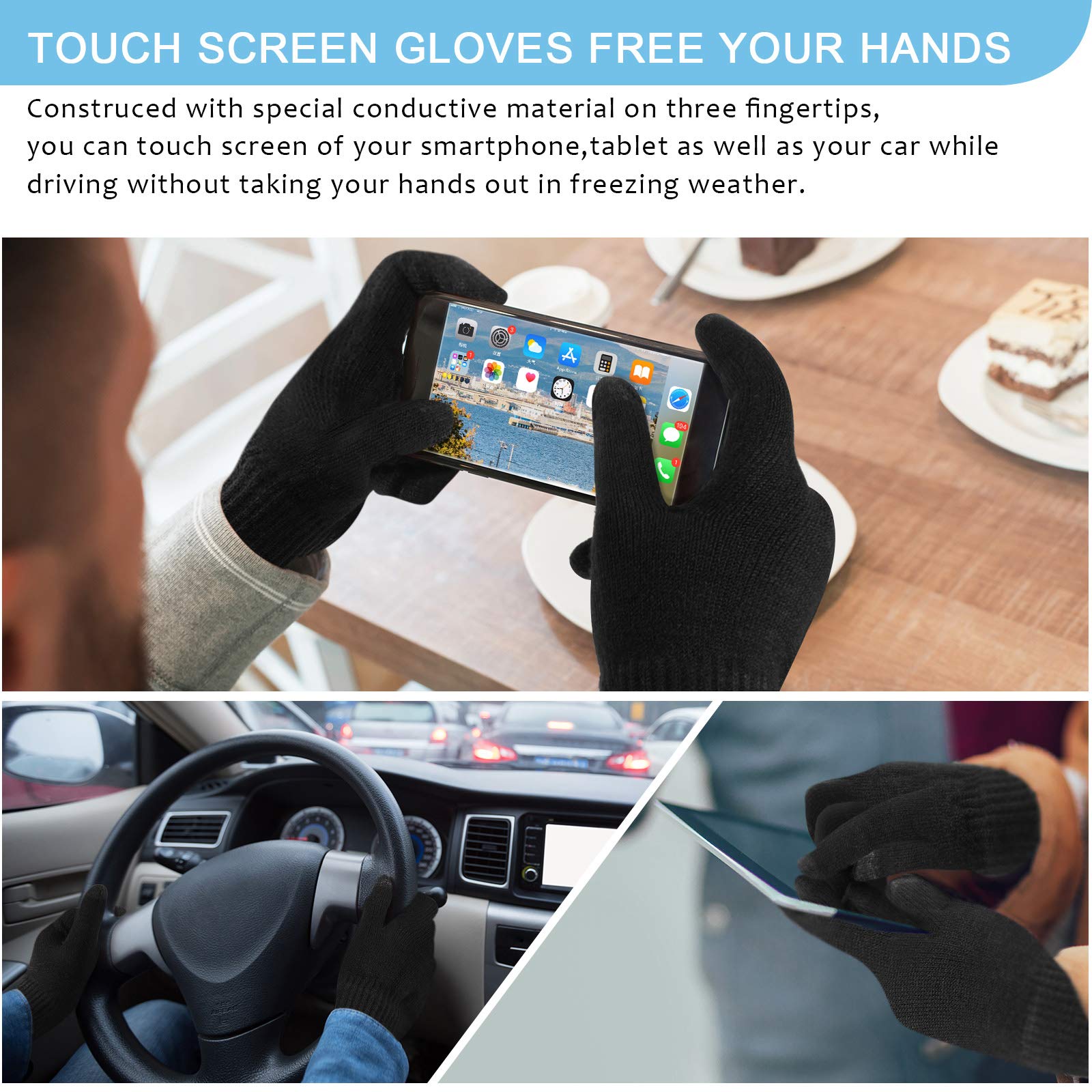 6 Pieces Winter Beanie Hat Scarf Touchscreen Gloves Neck Warm Knitted Fleece Lined for Men and Women (Black, Dark Grey)