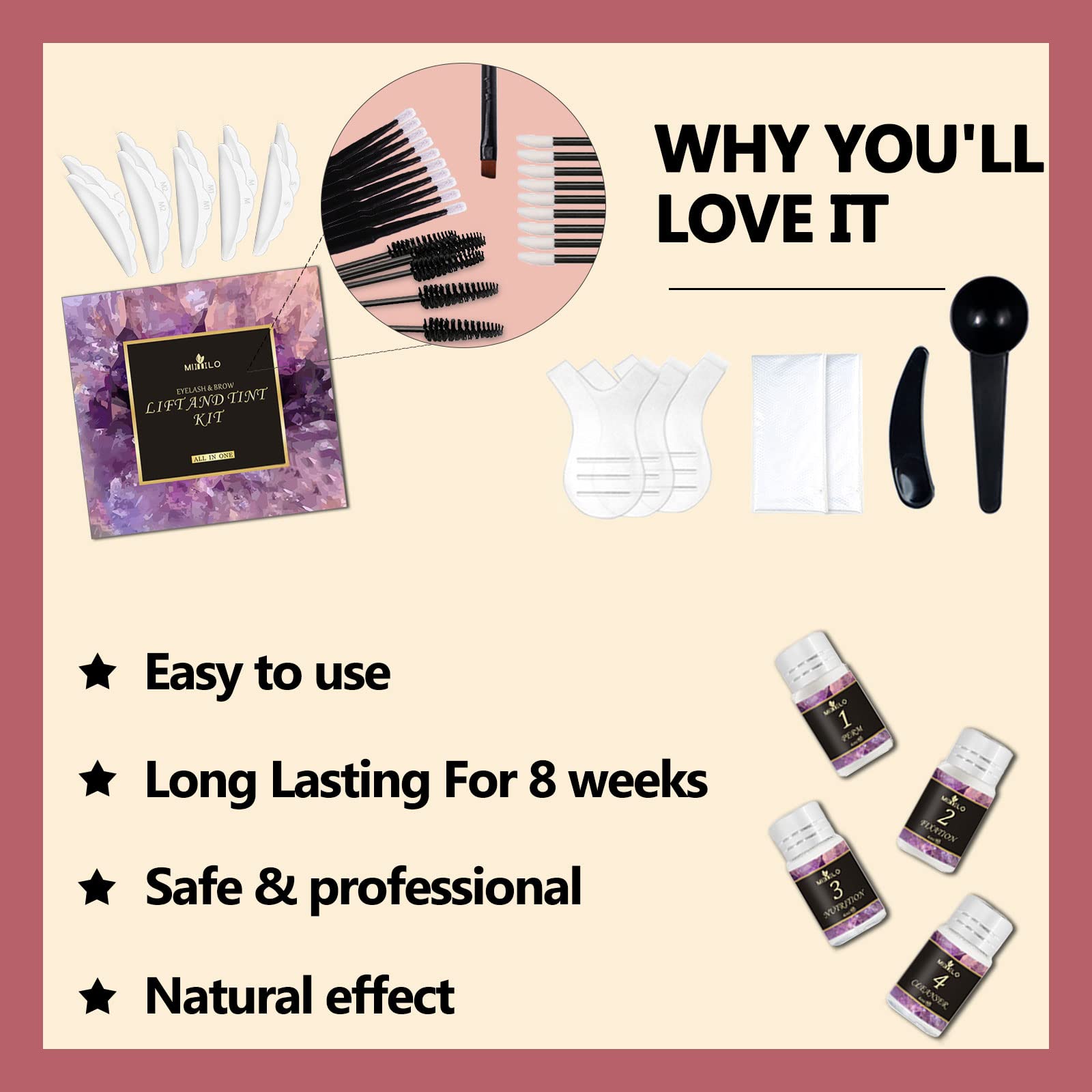 4 in 1 Lash & Brow Lift and Coloring Kit, Professional Eyelash Perm Kit and Brow Lamination Kit, Eyelash & Eyebrow Makeup Set, Long Lasting for 8 Weeks, Suitable for Salon & Home Use DIY (Black)