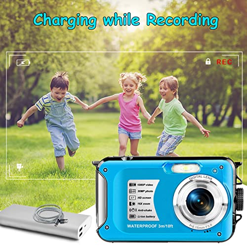 32GB 10FT 30MP FHD 1080P Compact 16X Digital Zoom Underwater Digital Camera for Snorkeling, Blue