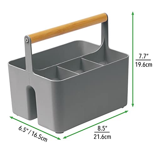 mDesign Plastic Portable Storage Organizer Kitchen Caddy Tote, Divided Bin with Wood Handle for Napkins, Silverware, Forks, Knives, Spoons - Store in Cabinets, Countertops - Charcoal Gray/Natural
