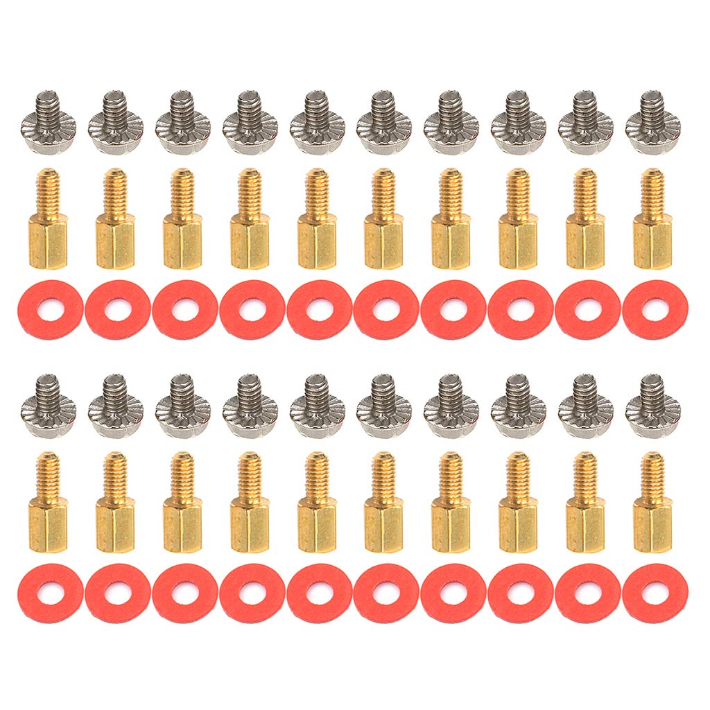 Ywengouy 20Pcs Golden Motherboard Riser+Screws Computer Red Washers 6.5mm 6-32-M3 Gasket
