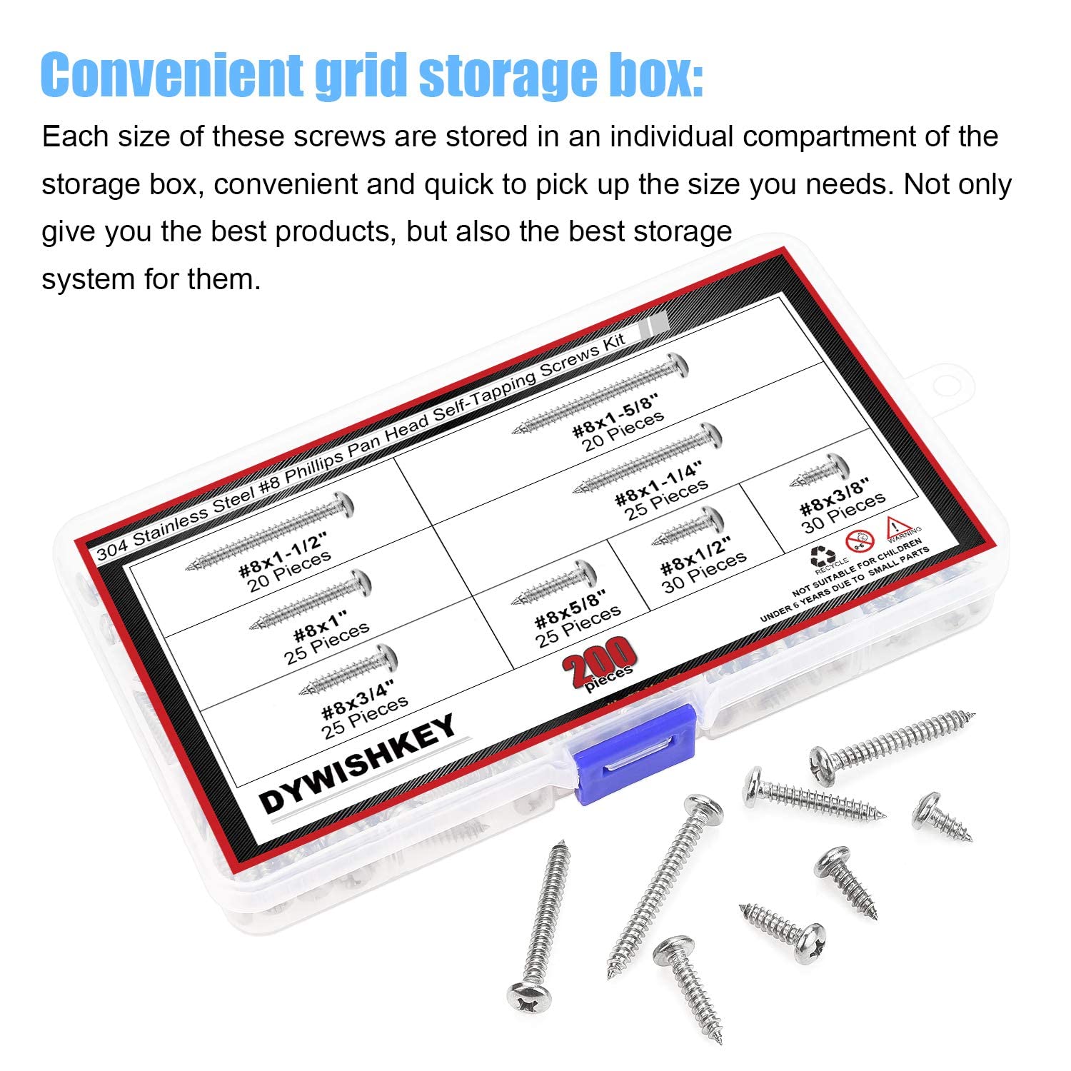 DYWISHKEY 200 Pieces #8 x 3/8", 1/2", 5/8", 3/4", 1", 1-1/4", 1-1/2", 1-5/8" Stainless Steel 304 Phillips Pan Head Self-Tapping Screws, Wood Screws Assortment Kit