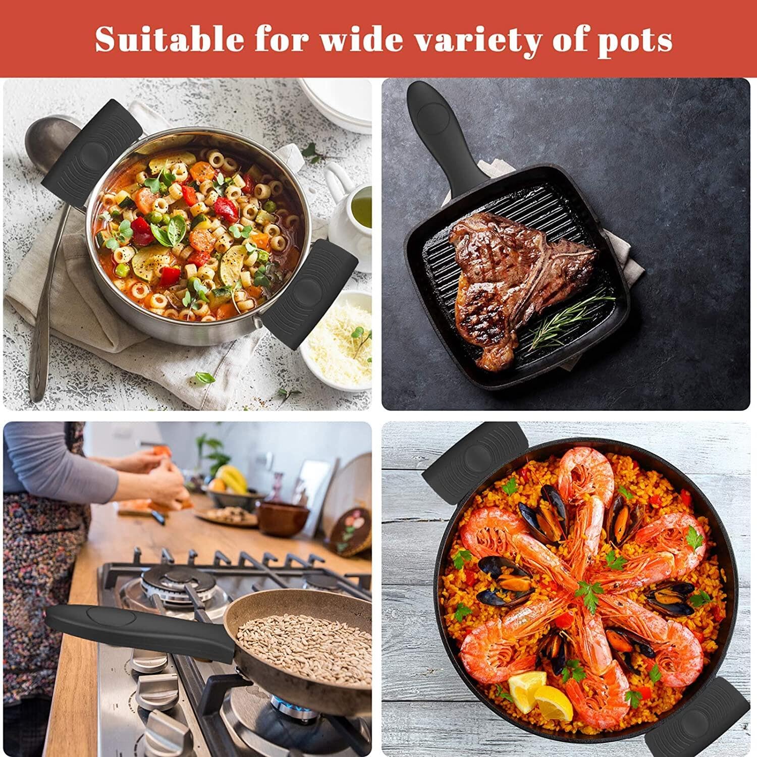4 Pack Silicone Hot Skillet Handle Holder and Pot Holders Cover Sleeve, Heat Resistant Cast Iron Potholder Protectors Grip, Anti-Spill Non-Slip Cookware Handles for Pans,Oven
