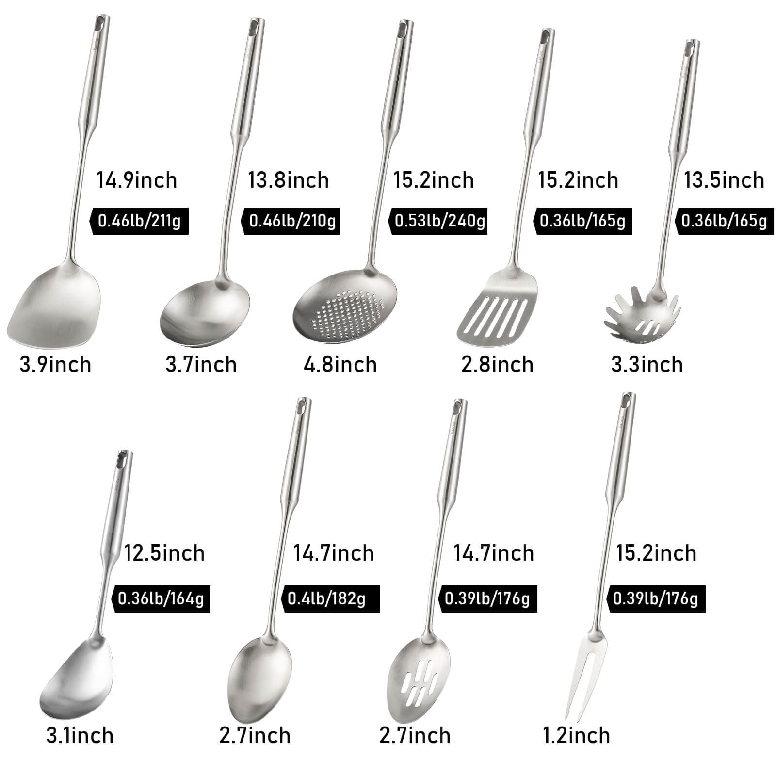 304 Stainless Steel Kitchen Utensils Set, Standcn 9 PCS Metal Cooking Tools Set with Meat Fork, Solid Spoon, Slotted Spoon, Spatula, Ladle, Skimmer, Slotted Spatula, Spaghetti Server, Large Spoon