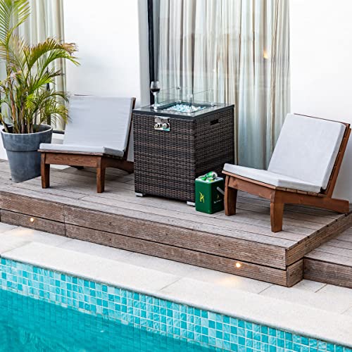 AJ Enjoy 24in Outdoor Propane Gas Fire Pit Table, 40,000 BTU Auto-Ignition Gas Firepit with Glass Wind Guard, Marble Tile Tabletop, Mixed Color Glass Rocks, Brown PE Rattan