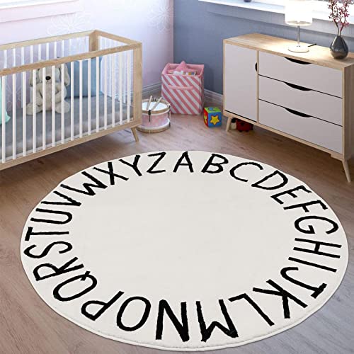 HEBE 4ft Round Kids ABC Rug Alphabet Nursery Rug for Bedroom Playroom Non Slip Educational Playmat Round Circle Carpet for Classroom Infant Toddlers,Milk White
