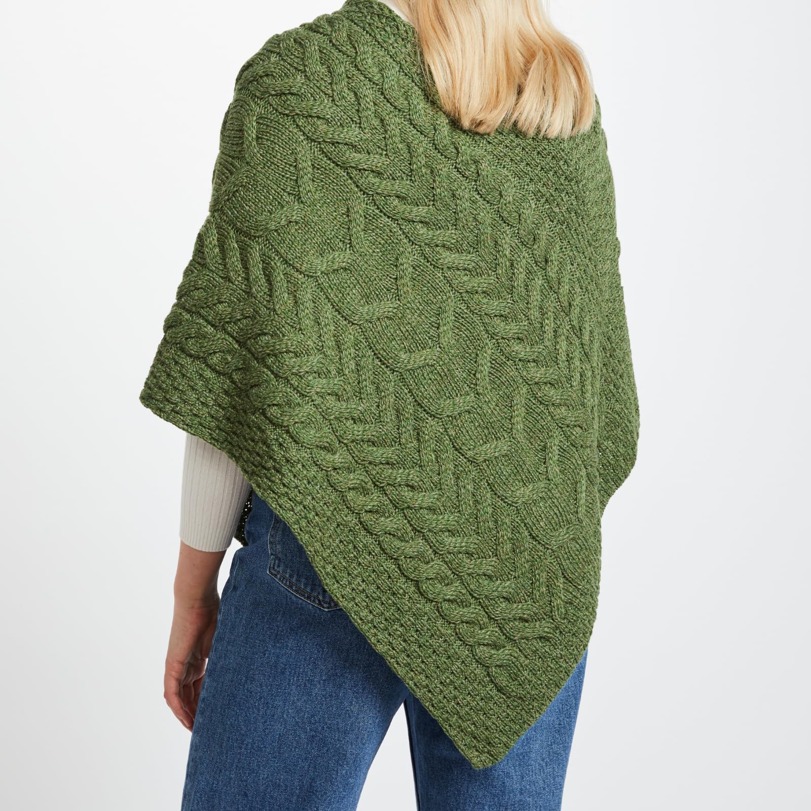 Aran Woollen Mills 100% Irish Merino Wool Ladies Aran Knit Poncho, Made in Ireland, Women's Poncho Wrap, One Size Meadow Green