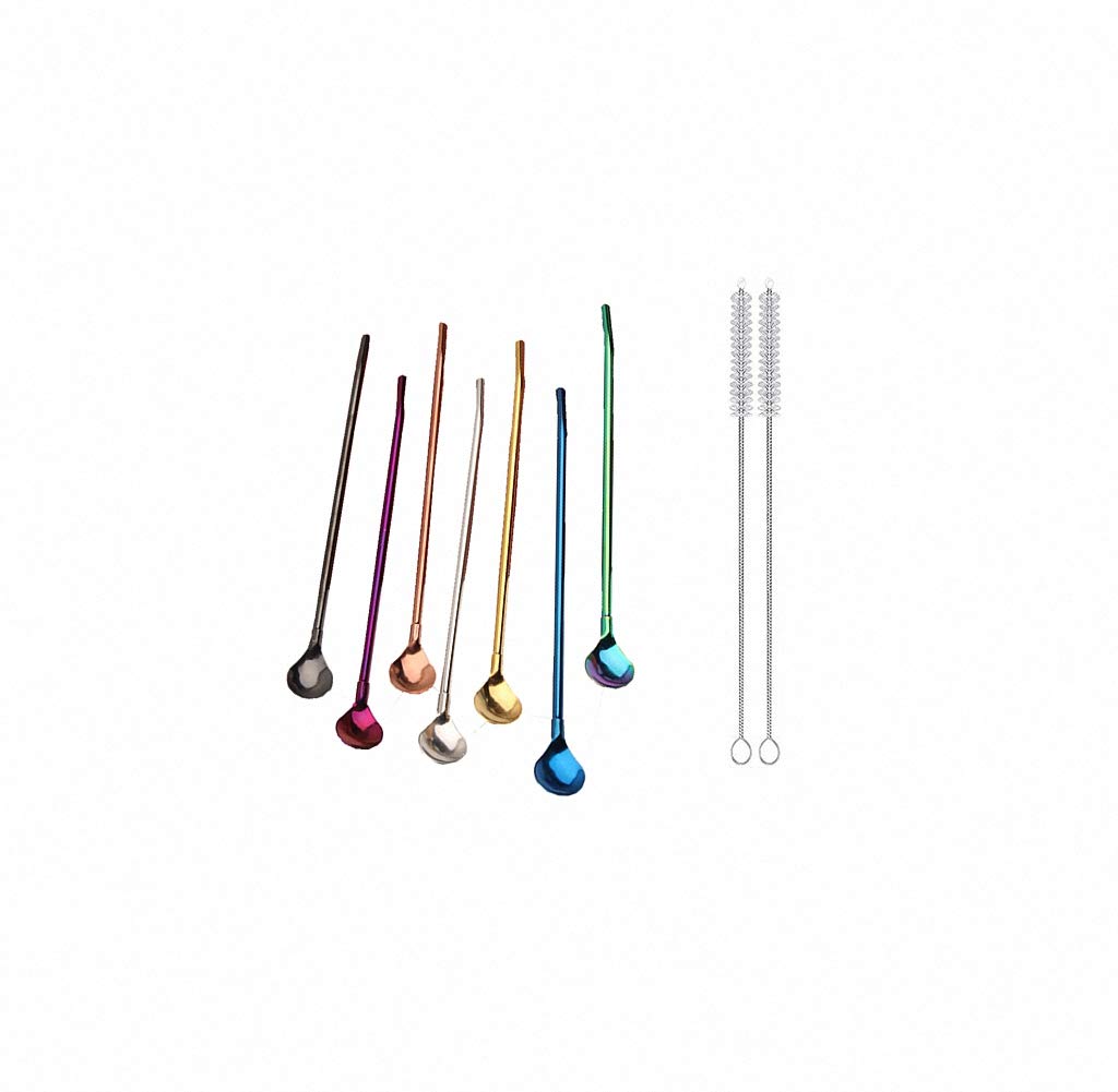 7PCS Metal Spoon Straws Drinking Spoons with 2 Cleaning Brushes 8.5”Reusable Bar Spoon Straw for Iced Coffee Frozen Drink Milkshake Smoothies Sundaes Cocktail Mixing Stirring and Drinking