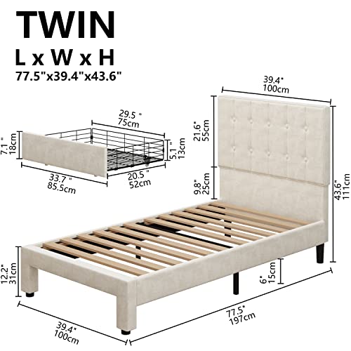 LIKIMIO Twin Bed Frame with XL Under-Bed Drawer, Velvet Upholstered Platform Bed Frame with Headboard, No Box Spring Needed/Noise-Free, Beige