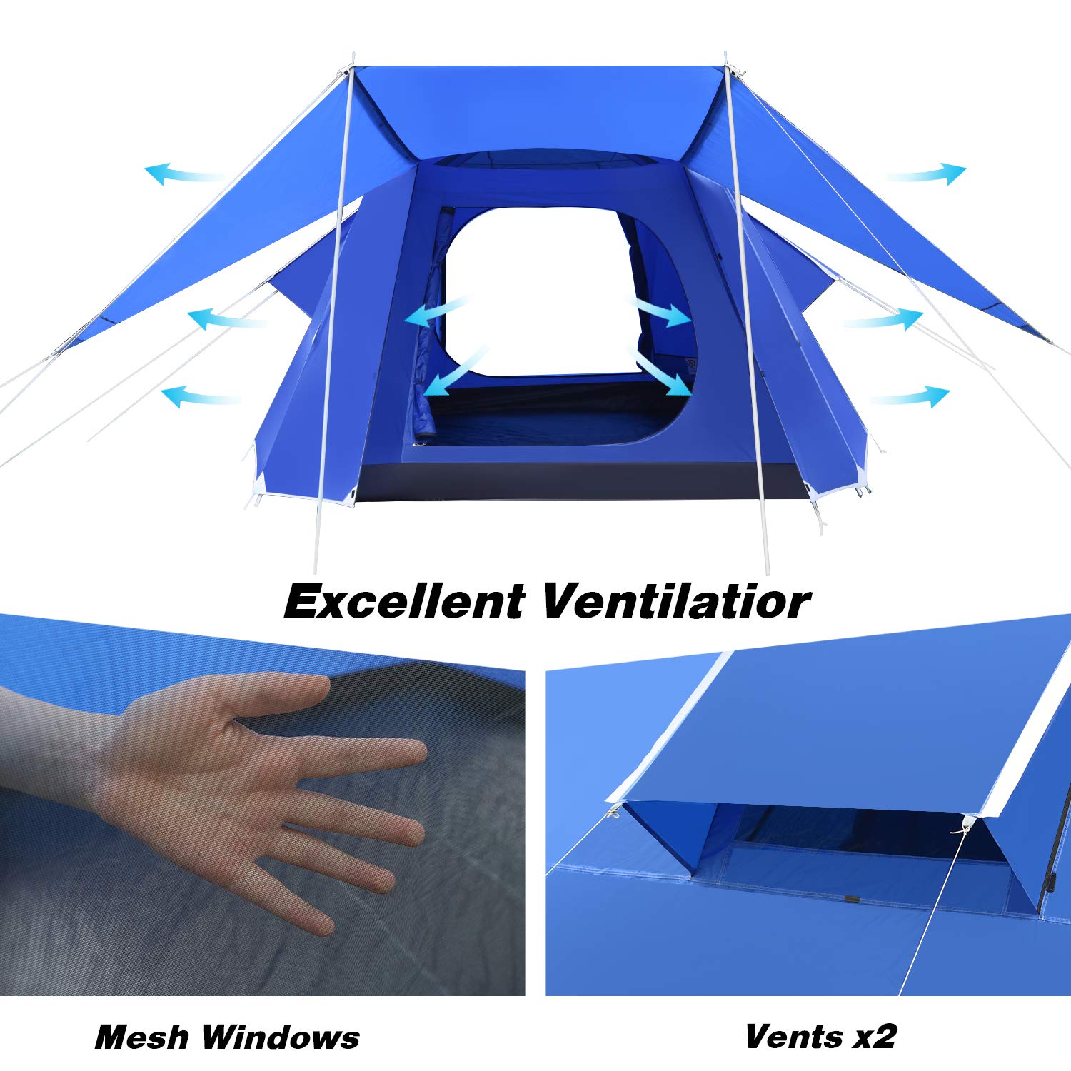 4 or 6 Person Camping Tent Windproof Family Dome Tent with Screen Room Easy Set Up for Backpacking Hiking Mountaineering (4P-Blue)