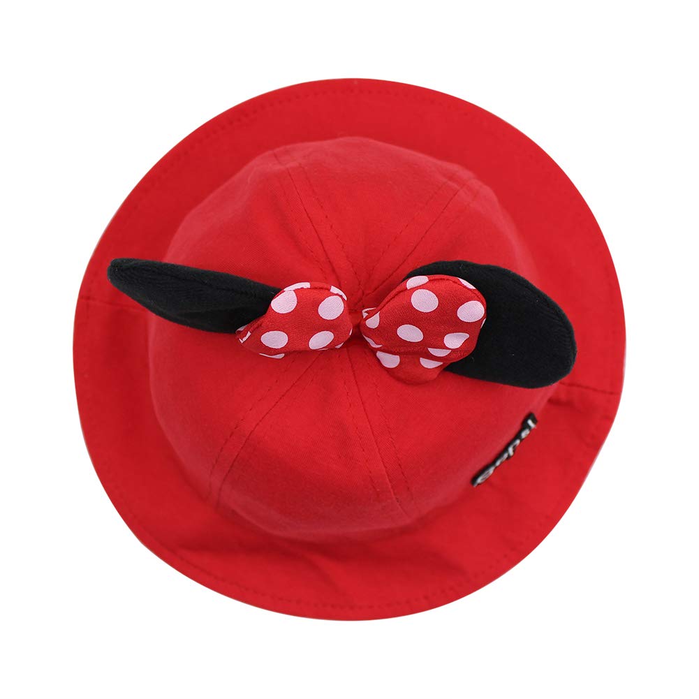 Wide Brim Sun Protection Hat Cute Mouse Ear Bucket Hat Camping Cap with Bow for Kids Toddler Red