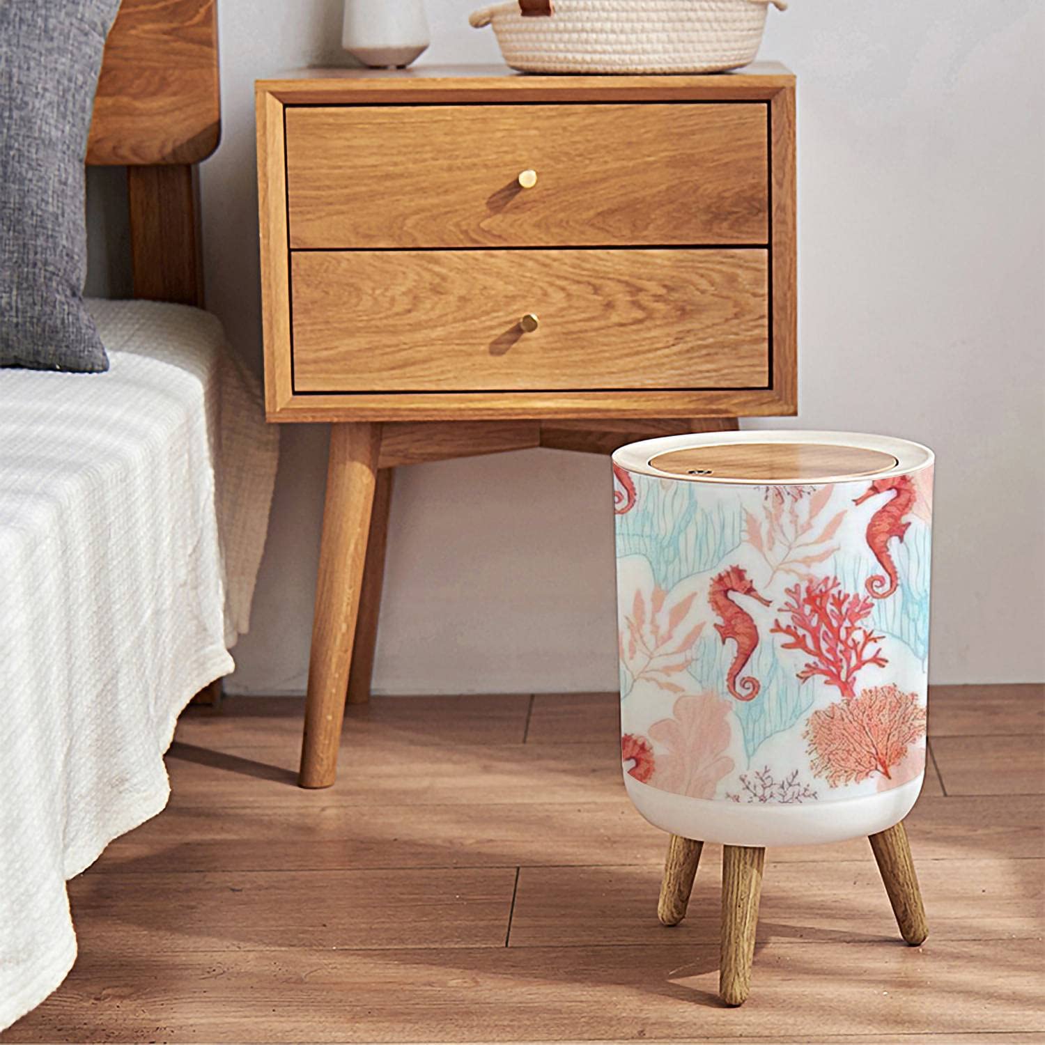 Small Trash Can with Lid Beautiful seamless tropical with corals sea horse Abstract geometric Round Recycle Bin Press Top Dog Proof Wastebasket for Kitchen Bathroom Bedroom Office 7L/1.8 Gallon