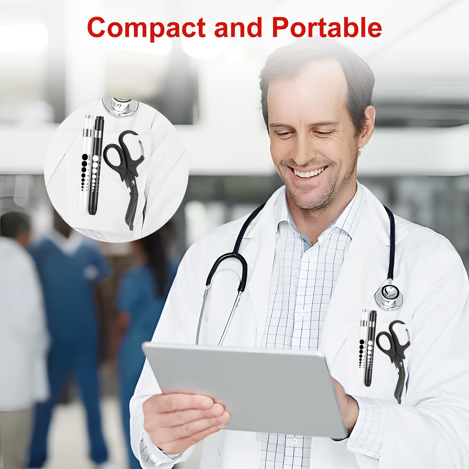 3 Pack Penlight and Medical Scissors for Nurses, Two LED Pen Light with Pupil Gauge and One 7.5 Inches Trauma Shears with Carabiner for Nurse Doctor EMT First Aid (Including Four Batteries)