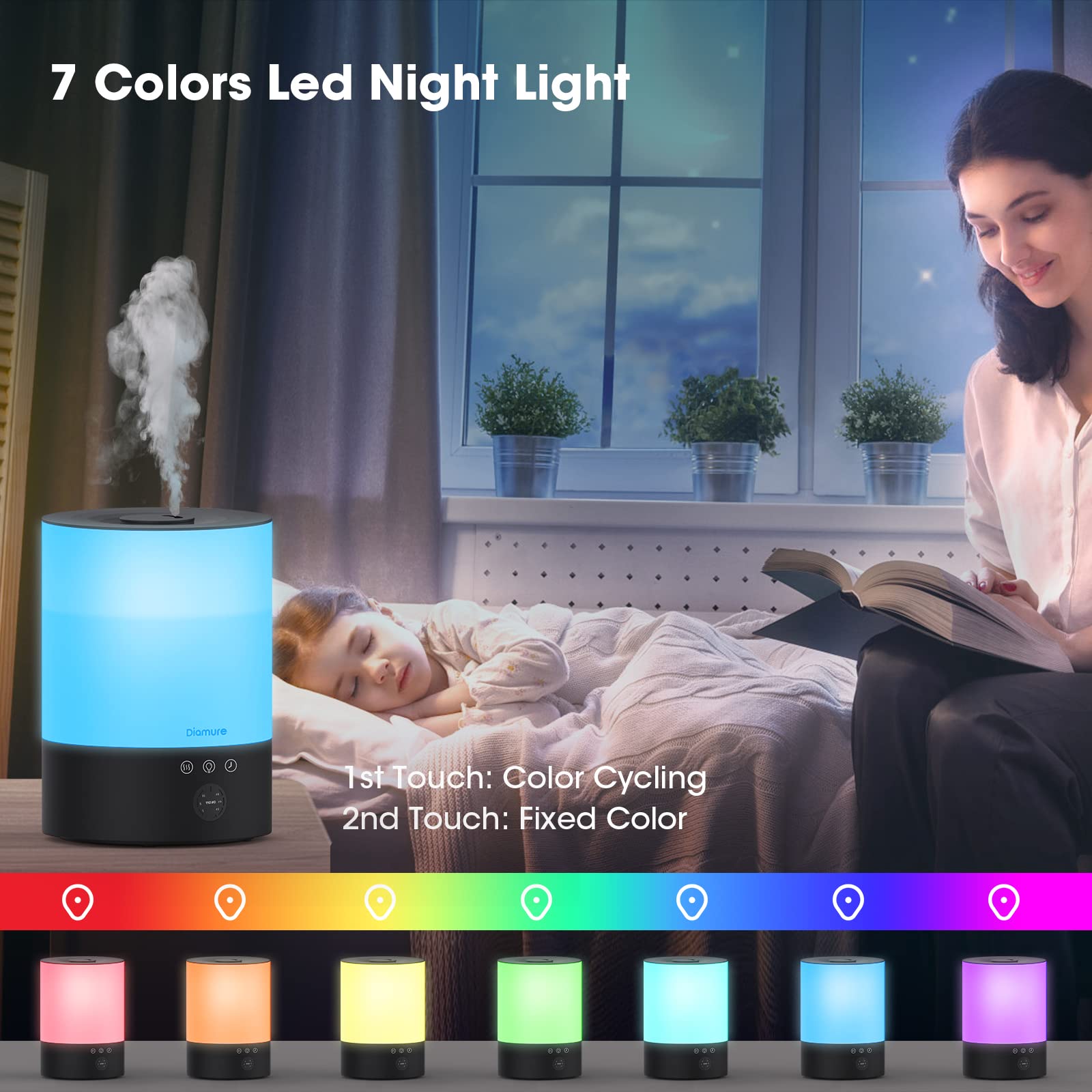 Humidifiers for Bedroom Large Room, Ultrasonic Cool Mist Humidifier Top Fill, 28dB Quiet Baby Air Humidifier with Night Light 7 Color, 28H Diffuser for Plants, Timer, Auto Shut-Off, 2.5L, Black