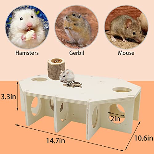 BNOSDM Multi-Chamber Hamster Hideout Maze Wood Multi-Room Hide Hut with Cover Mice Secret Peep Shed Wooden Dwarf Hamsters House Tunnel Exploring Toys Habitat Décor for Gerbils