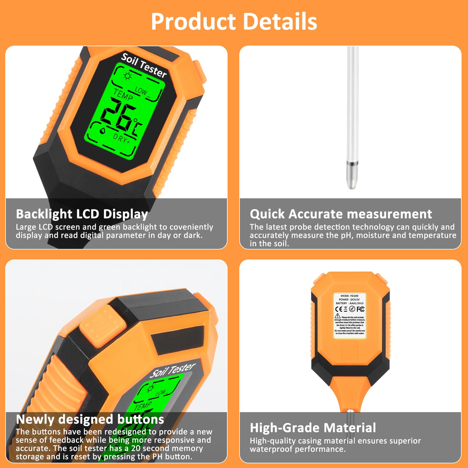 4 in 1 Digital Soil Moisture Meter,PH Meter/Soil Moisture/Plant Temperature/Sunlight Intensity,Green Backlight LCD Display,Soil Meter for Garden, Lawn,Plant Care,Farm and Indoor Outdoor Plants