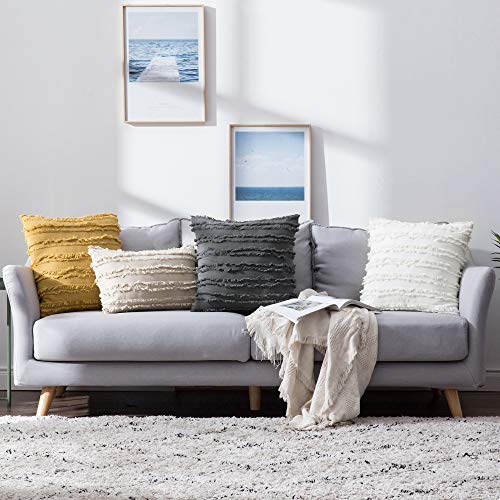 MIULEE Set of 2 Decorative Boho Throw Pillow Covers Linen Striped Jacquard Pattern Cushion Covers for Sofa Couch Living Room Bedroom 18x18 Inch Dark Grey