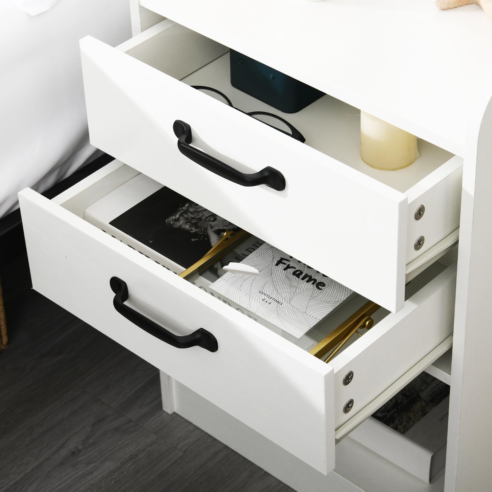 4 EVER WINNER White Nightstand with Charging Station, LED End Side Table with 2 Drawers and Open Storage, Bedside Table with USB Ports and Outlets for Bedroom, White