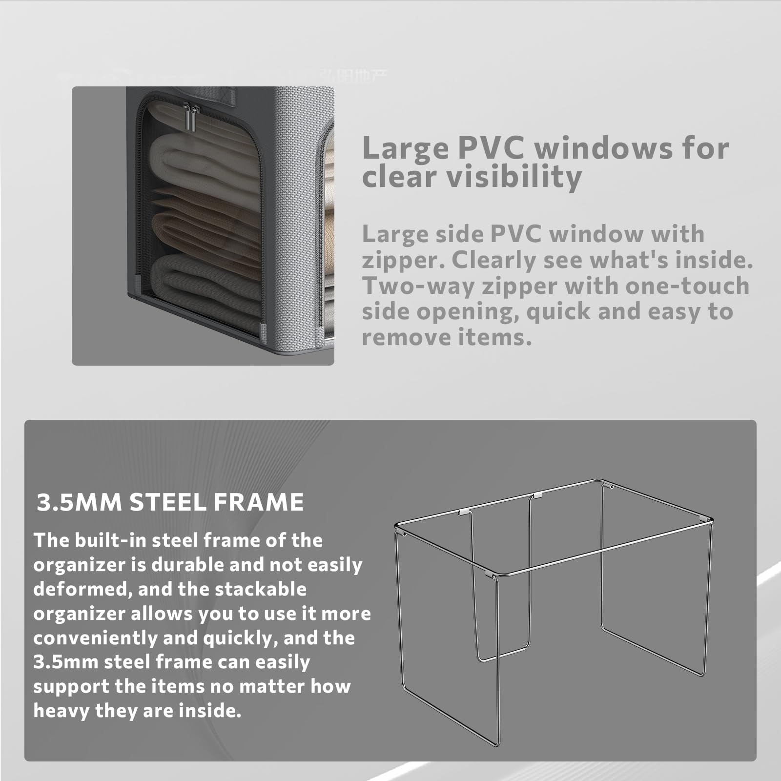 3Pack Clothes Storage Bins - Oxford Frame Storage Box Foldable Stackable Storage Organizer with 3 Openings Design, Metal Frame, Clear Window, Carry Handles (36L-15.7 * 11.8 * 11.8in, Grey)