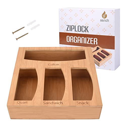 aanch Bamboo Ziplock Bag Organizer for Kitchen Drawer, Easy to use Baggie Storage Organizer, Compatible with Gallon, Quart, Sandwich and Snack