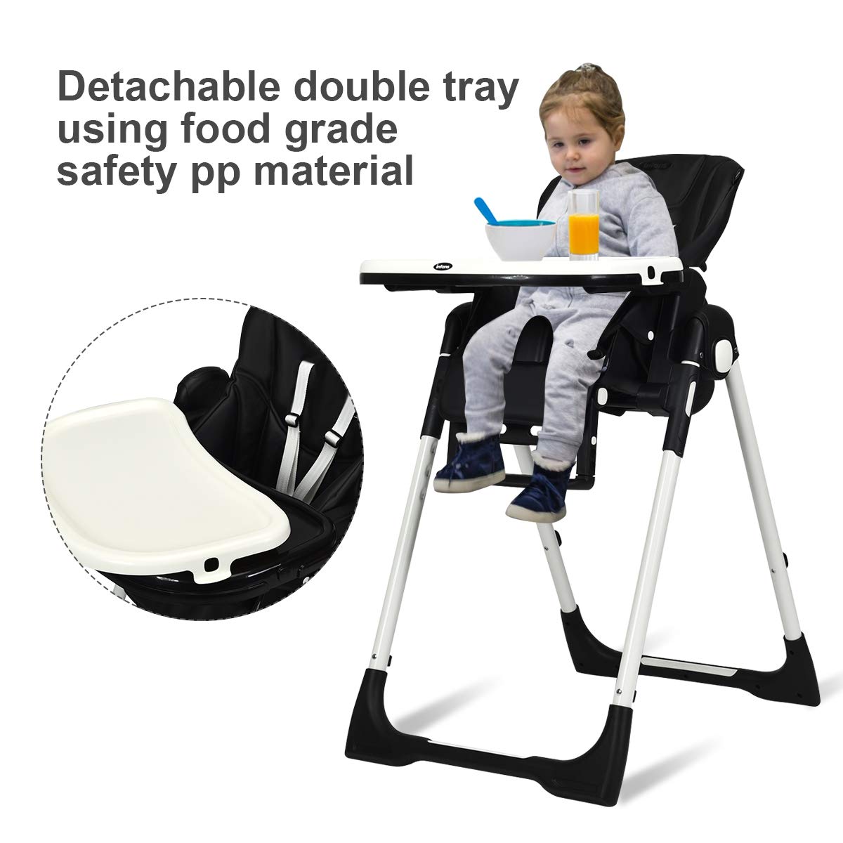 INFANS High Chair for Babies & Toddlers, Foldable Highchair with Multiple Adjustable Backrest, Footrest and Seat Height, Removable Tray, Detachable PU Leather Cushion, Built-in Rear Wheels (Black)