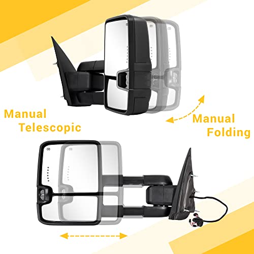Towing Mirrors Compatible with 2014 2015 2016 2017 2018 Chevy Silverado GMC Sierra 1500 2500 HD 3500 HD with Power Glass LED Arrow Turn Signal Backup Lamp Running Light Heated Extendable Pair Set