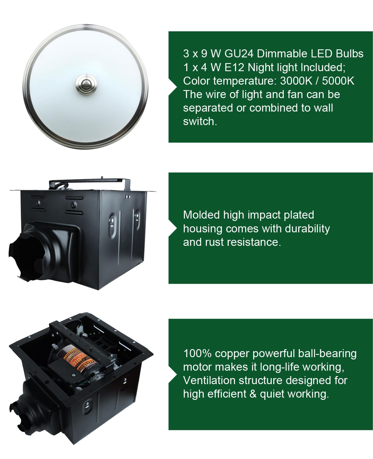 Akicon Exhaust Fan, Ultra Quiet 110CFM 1.5 Sones Ventilation Exhaust Bathroom Fan with Light and Nightlight, 3 Years Warranty (Brushed Nickel)