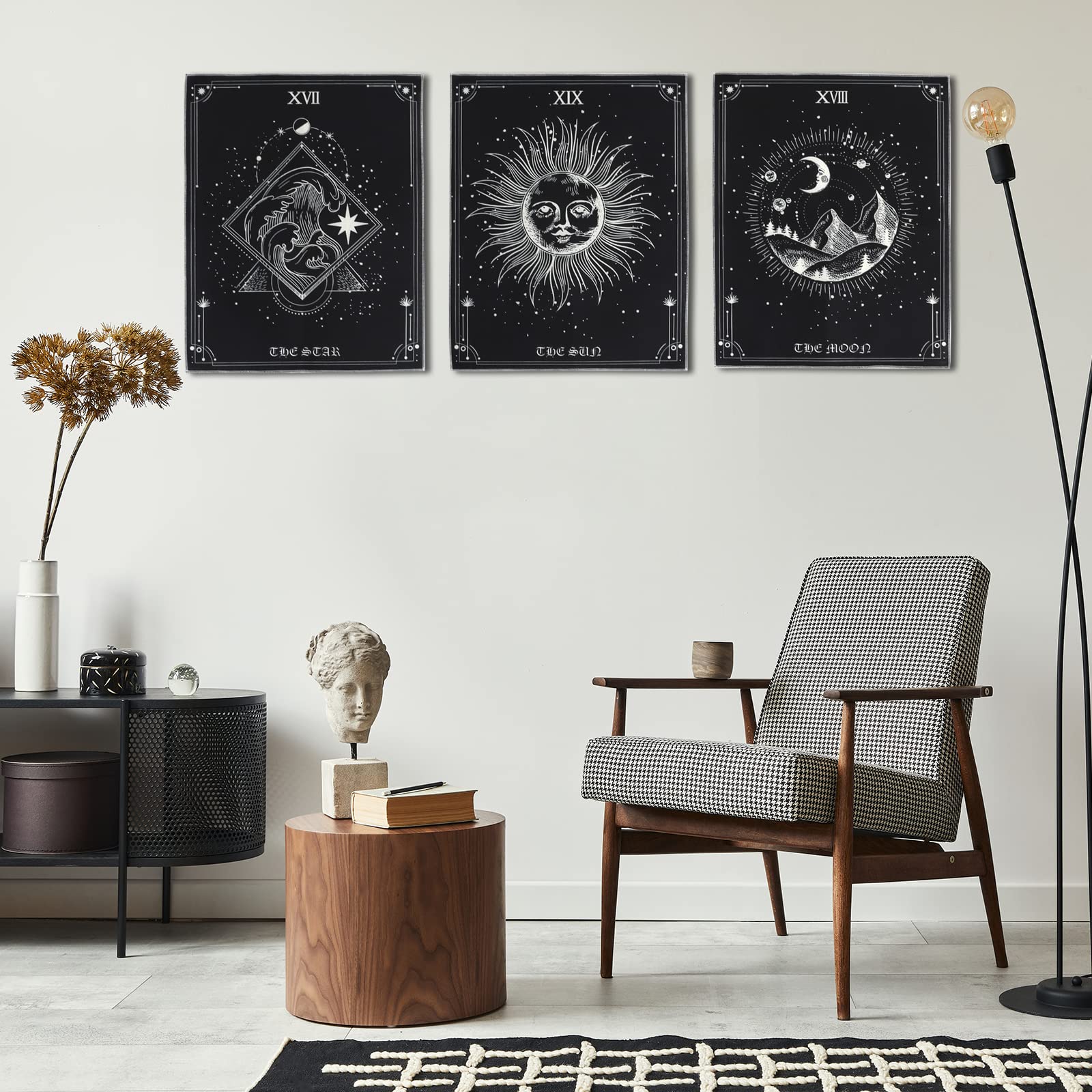 3 Pack Tarot Tapestry, Sun Moon & Star Tarot Card Tapestry, Vintage Sun Tapestry Vertical Aesthetic Wall Hanging With Seamless Nails (Black 15.4" x19.3") (Black)