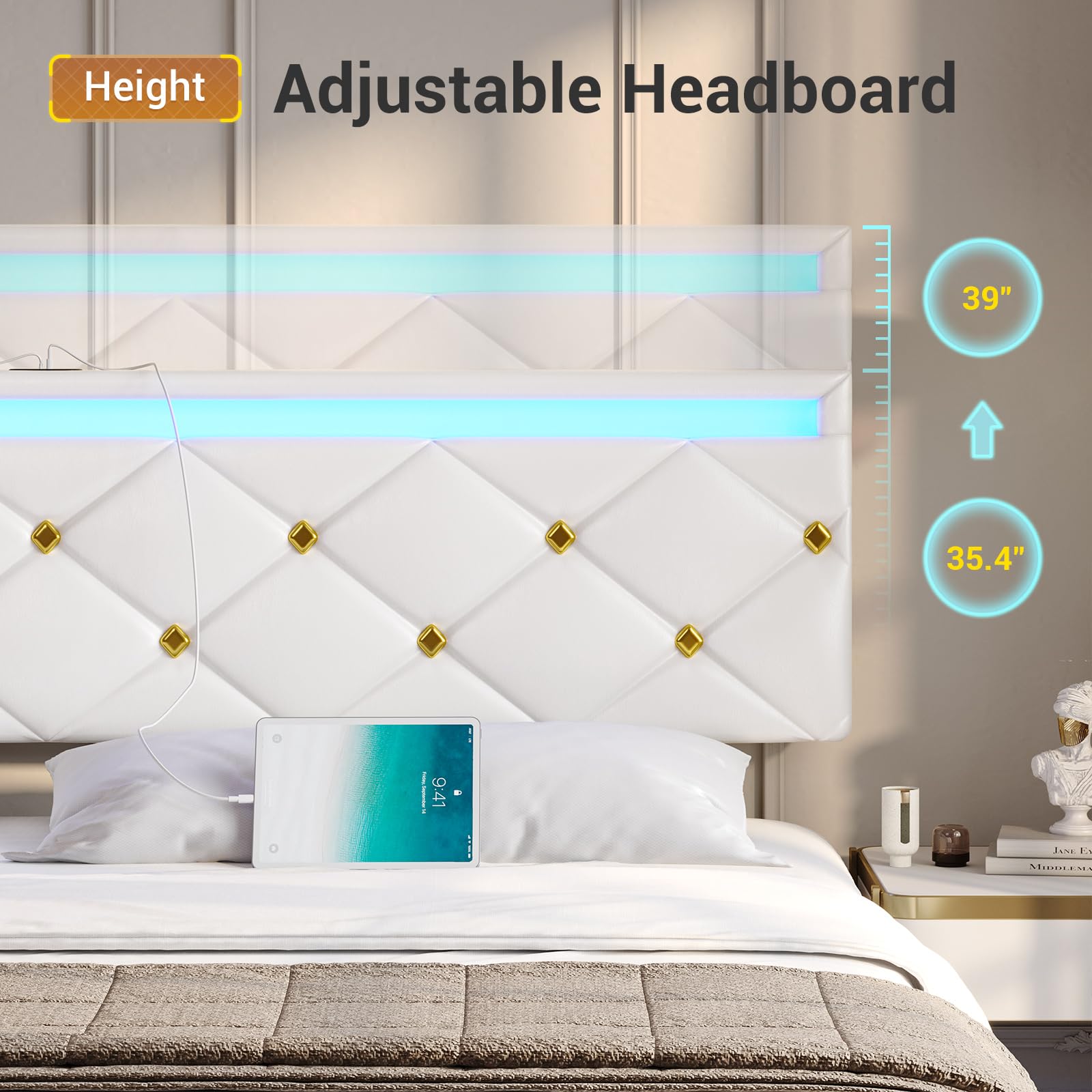Hasuit Floating Bed Frame King Size with LED Lights and Charging Station, Modern King Platform Bed with Vegan Leather Upholstered Headboard, No Box Spring Needed, Noise Free, Easy to Assemble