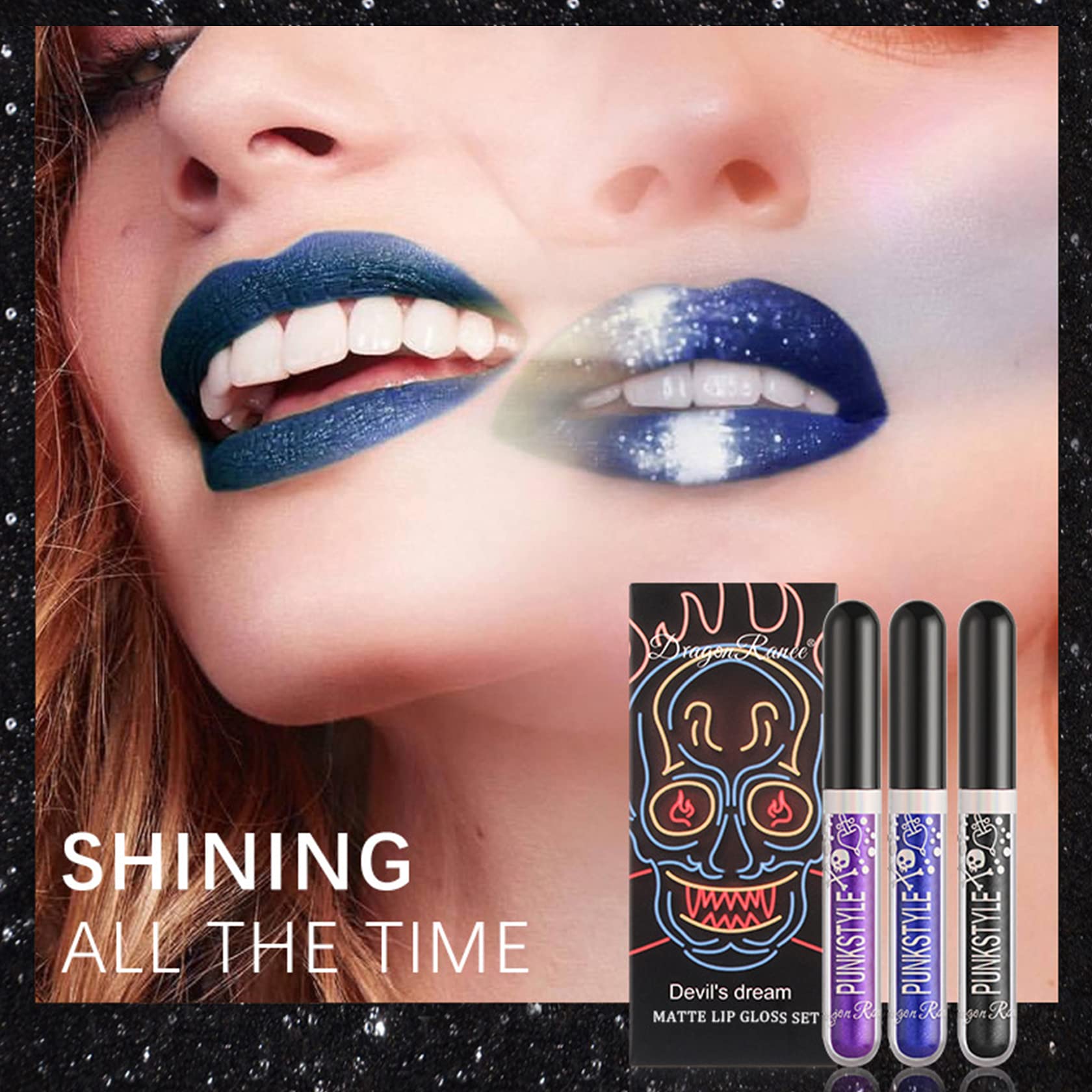 3PCS Black Blue Purple Liquid Glitter Lipstick Glitter Lip Gloss Set,Diamond Shimmer Matte Lipstick Set Long Lasting High Pigment Glitter Lip Stick Kit Lip Gloss Set Halloween Makeup Gift - Set D