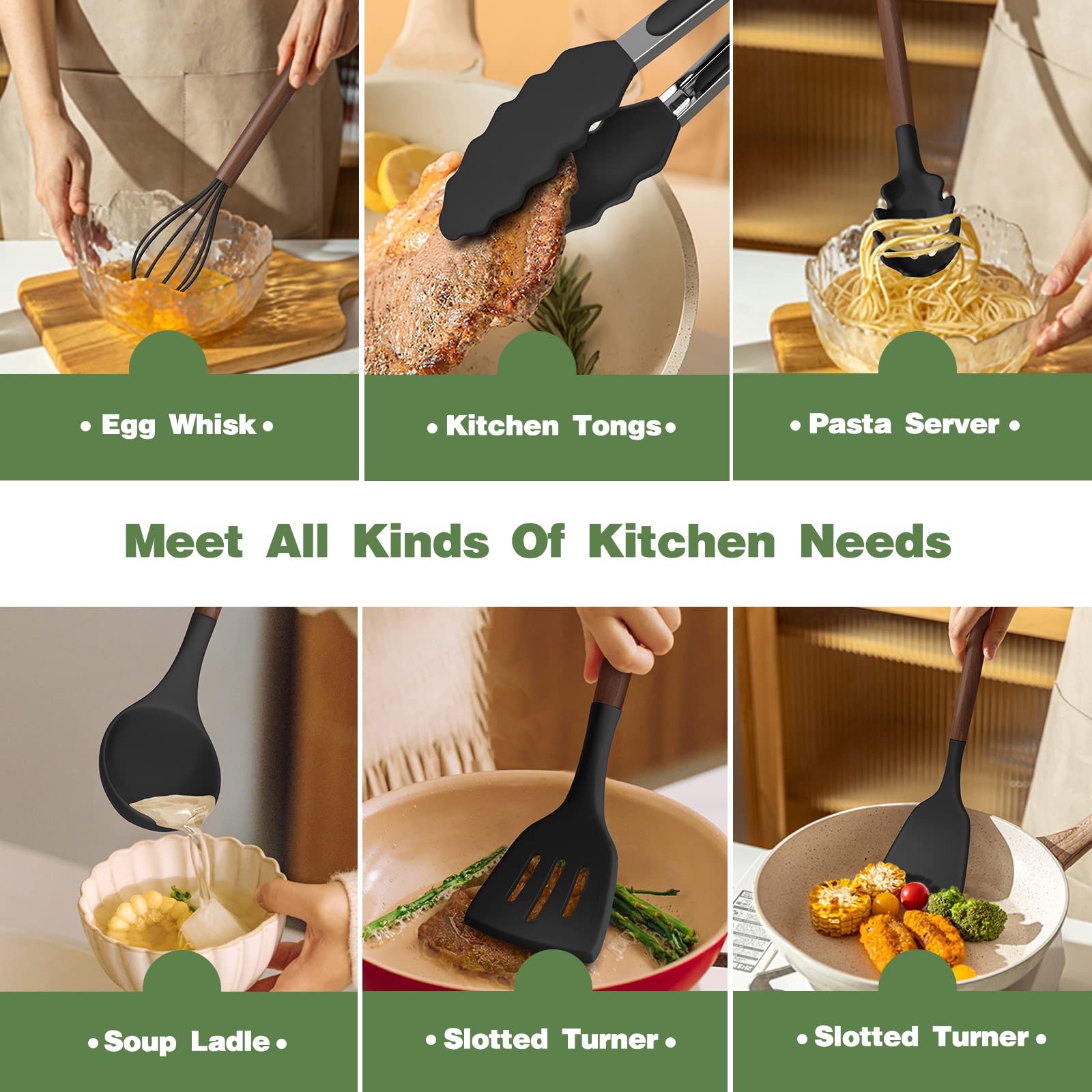 33 Pcs Silicone Kitchen Utensils Set, Kitchen Cooking Utensils Set with Black Natural Walnut Hard Wood Handle, Silicone Utensils Set with Holder, Heat Resistant, BPA Free, Non Toxic, Black