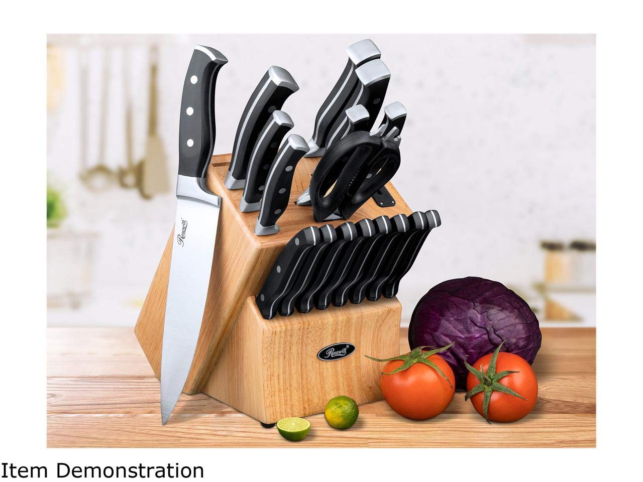 Rosewill 18 Piece Stainless Steel Cutlery Knife Set with Kitchen Shears| Triple Riveted Handles, Full Tang Design with Wood Block and Built-in Sharpener