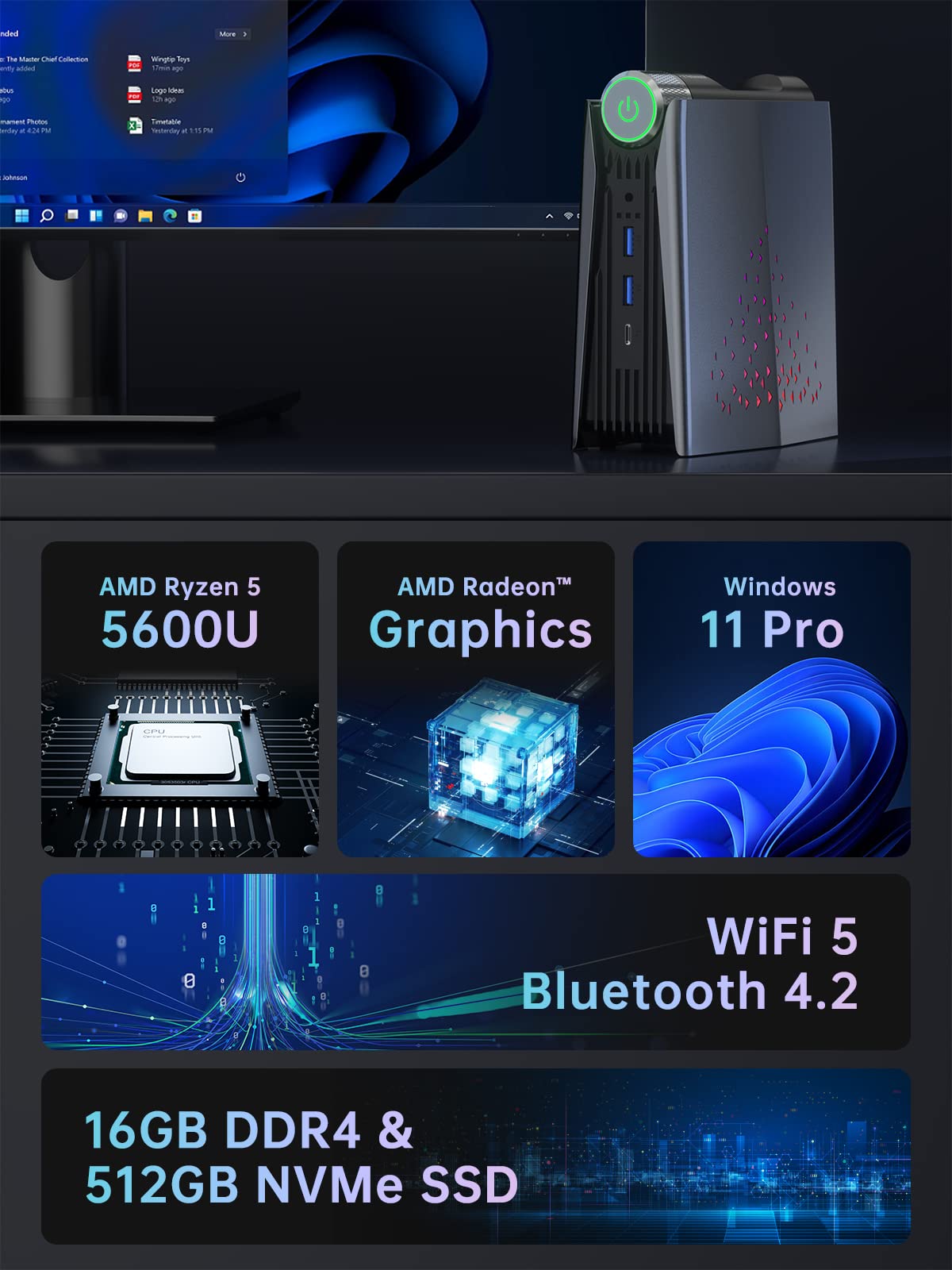 ACEMAGICIAN Mini PC, AMD Ryzen 5 5600U, 16GB DDR4 RAM, 512GB SSD, Windows 11 Pro, RGB Light, WiFi 5 Bluetooth 4.2, 3 Screens Display, HDMI, DP, Type C Port
