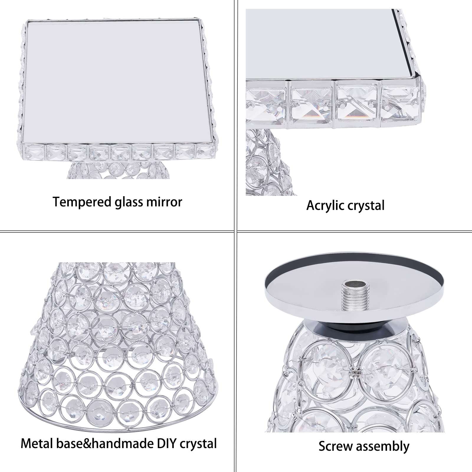 3pcs Crystal Cake Stand, Mirror Cake Tray Dessert Cupcake Pastry Candy Display Plate for Christmas Wedding Event Party Decoration (Silver)