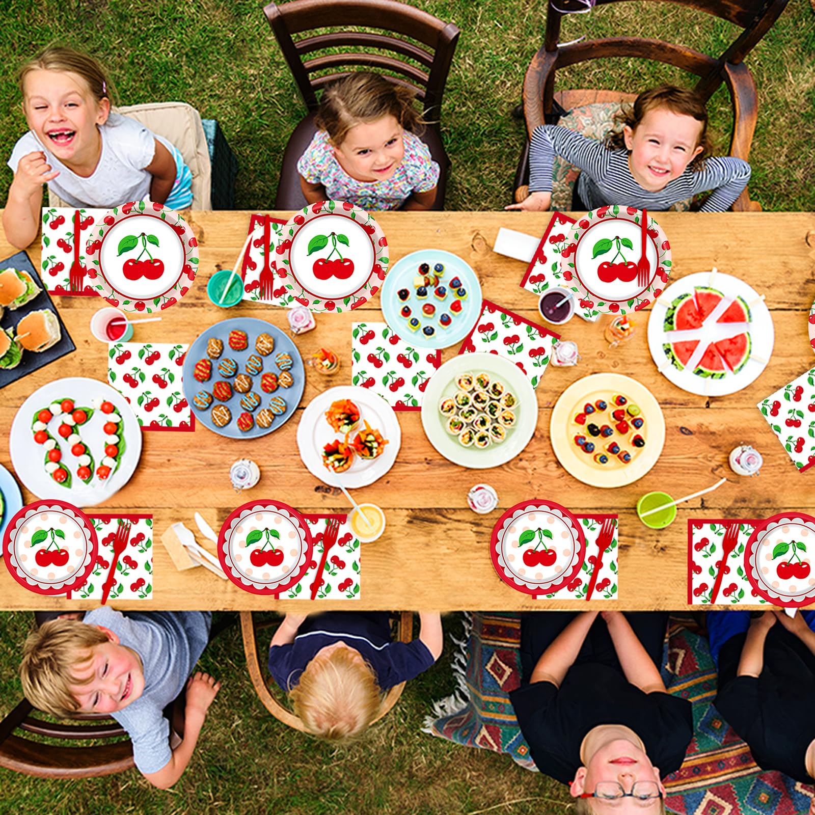 OBUSATT 100 Pcs Cherry Fruit Party Supplies Tableware Set Summer Tropical Picnics Dinnerware Set Disposable Paper Plates Napkins for Baby Shower Birthday Party Decoration for 25 Guests