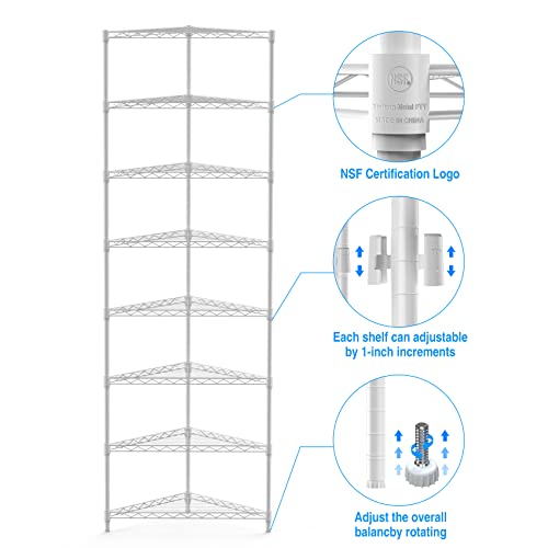 8 Tier NSF Corner Wire Shelf Shelving Unit, 20 x 20 x 82 Inch 400lbs Capacity Heavy Duty Adjustable Triangle-Shape Metal Storage Rack with Leveling Feet for Office Kitchen Bathroom and More - White
