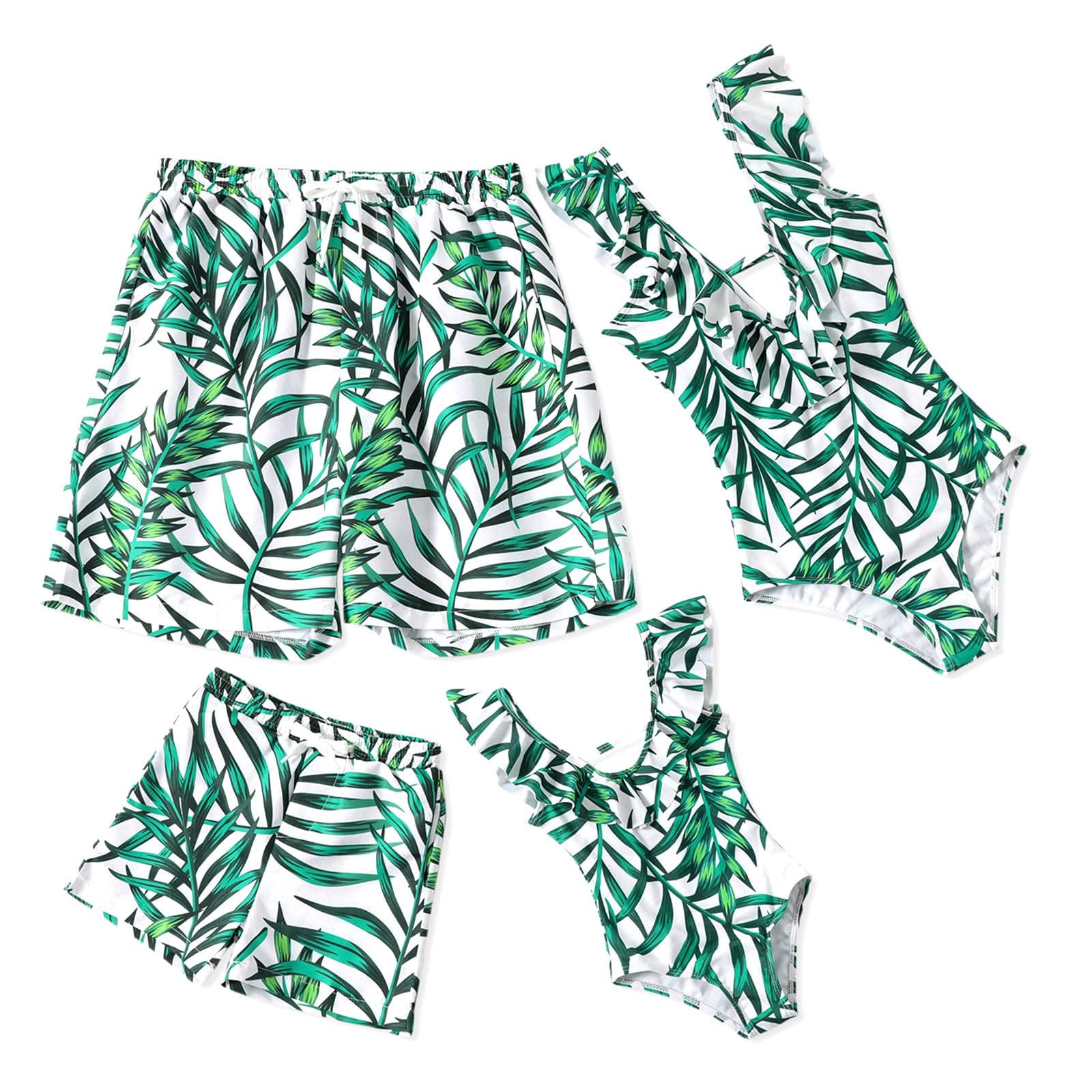 IFFEI Mommy and Me Swimsuit One Piece Leaves Printed Ruffle V Neck Bathing Suits Family Matching Swimwear Green Women: M
