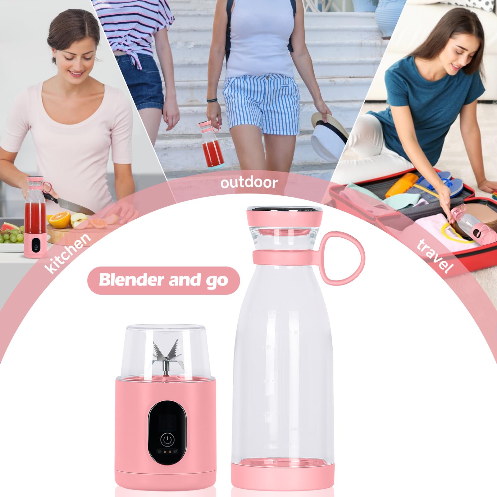 500ml Portable Blender with Protective cover,High power Mini Cordless Travel Blender for Shakes and Smoothies,Ice, Juice,Fruits (pink)