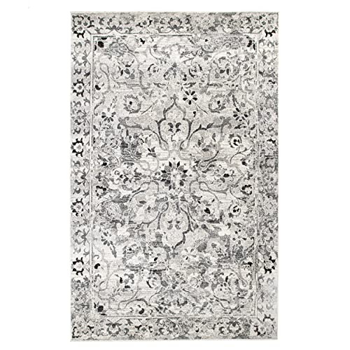 SUPERIOR Indoor Large Area Rugs with Jute Backing, Modern Distressed Floral Decor, Perfect for Entryway, Kitchen, Office, Bedroom, Living/ Dining Room, Dorm, Caine Collection, 5' x 8', Platinum