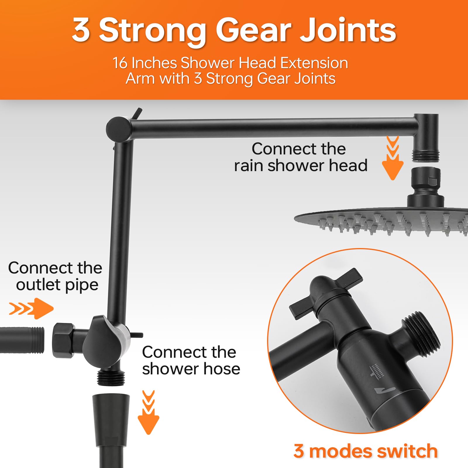 Matework 16 Inch Adjustable Shower Extension Arm with Diverter, G1/2 Universal Thread Rain Shower Head Extension Arm, Shower Extender with Lock Joints, Matte Black Flexible Height & Angle