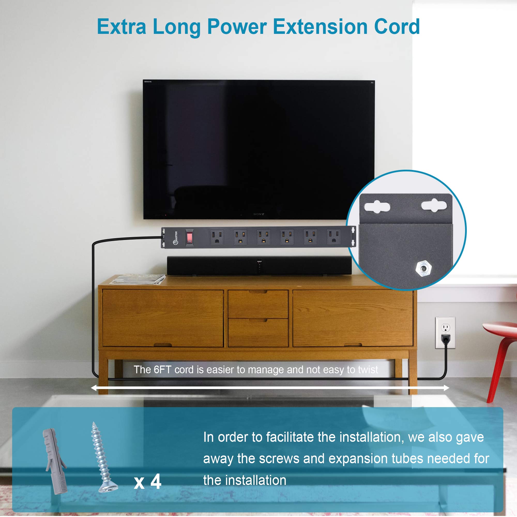 Aluminum Alloy Metal Shell Power Strip, Overload Protection, 6FT 14AWG Extension Cord, 6 Outlets with Large spacing Jacks, Suitable for Factory, Black, Specification: 15A/125VAC/1875W/60Hz