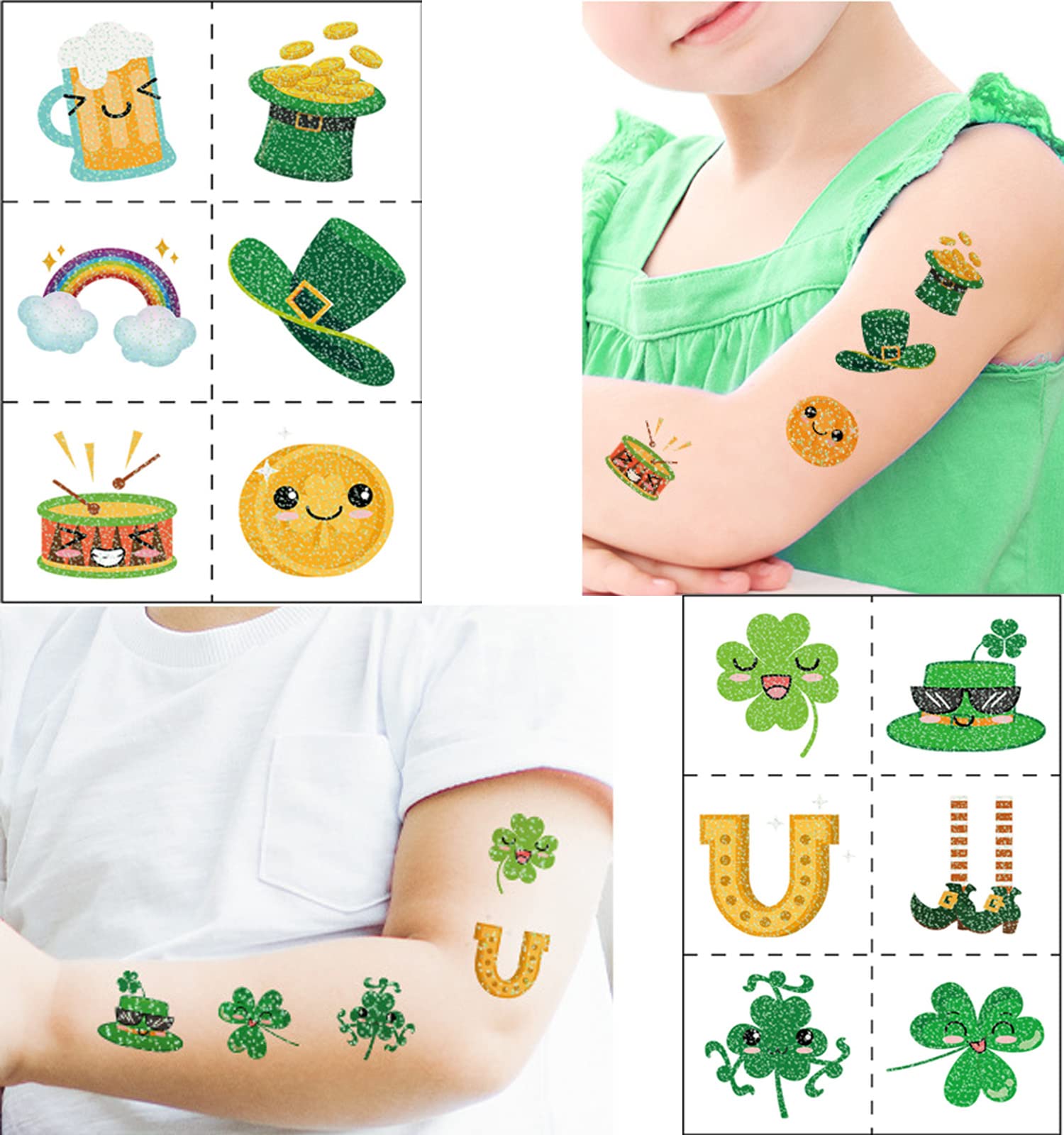 St. Patrick's Day Glitter Tattoos,Shamrock Lucky Clover Temporary Tattoo Stickers, St. Paddy's day Decorations Pack of 8,48Pcs Waterproof Decor for Men Women Kids