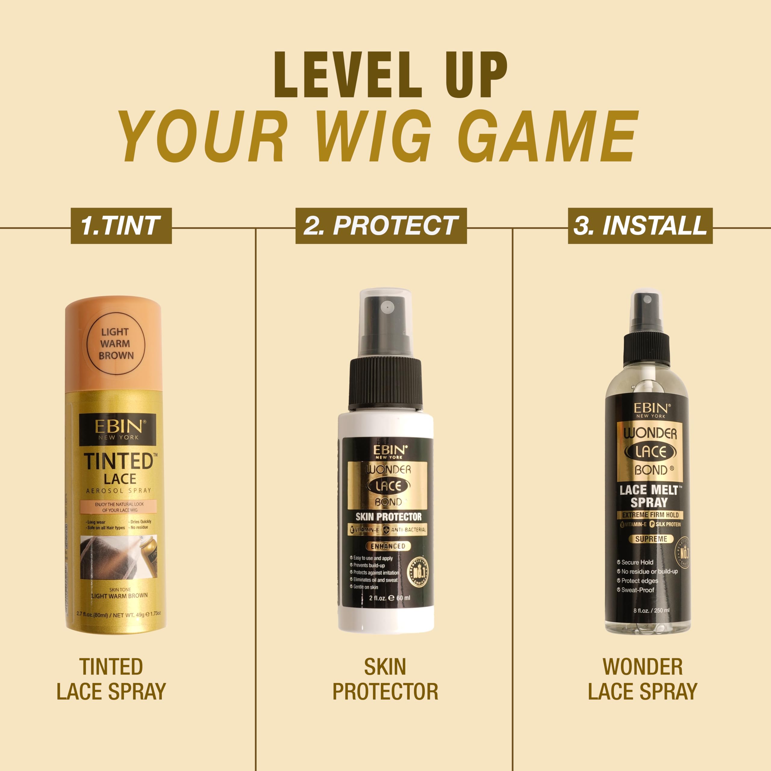 EBIN NEW YORK Tinted Lace Aerosol Spray - Light Warm Brown 2.7oz/ 80ml, Quick dry, Water Resistant, No Residue, Water Resistant, Even Spray, Matching Skin Tone, Natural Look