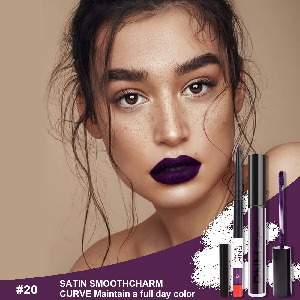 AMY'S DIARY 2Pcs Dark Purple Lip Liner and Lipstick Matte Makeup Set,Darkest Eggplant Plum Lipstick 24H with Lip Liner Set Matt Liquid Long Lasting Mate Dark Plum Dark Berry Lipstick (#20)