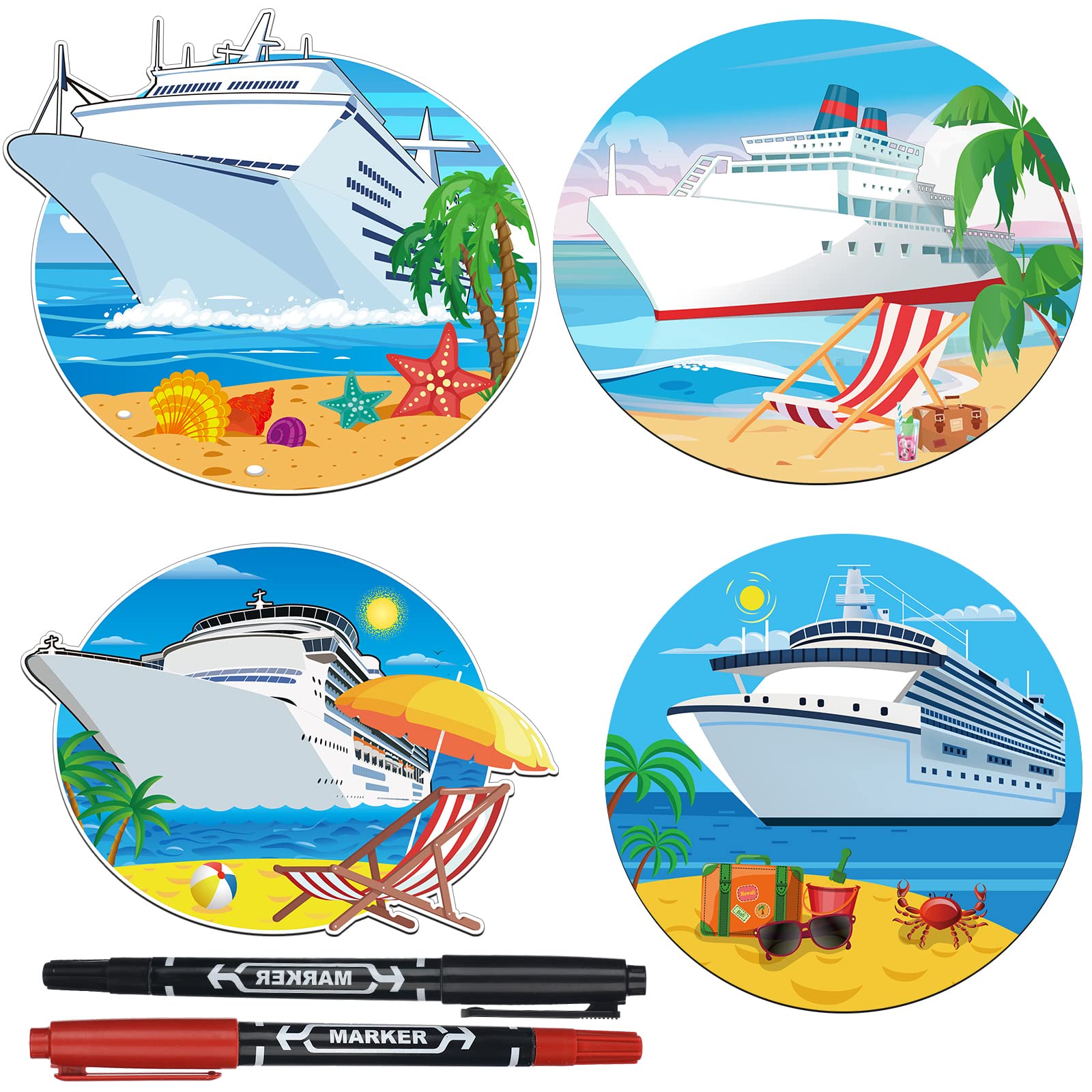 4 Pcs Cruise Door Magnets Vintage Palm Tree Vacation Cruise Door Magnet Stickers Magnetic Cruise Door Decorations with 2 Pcs Marker Pens for Cars Refrigerator Cruise (Summer Style)