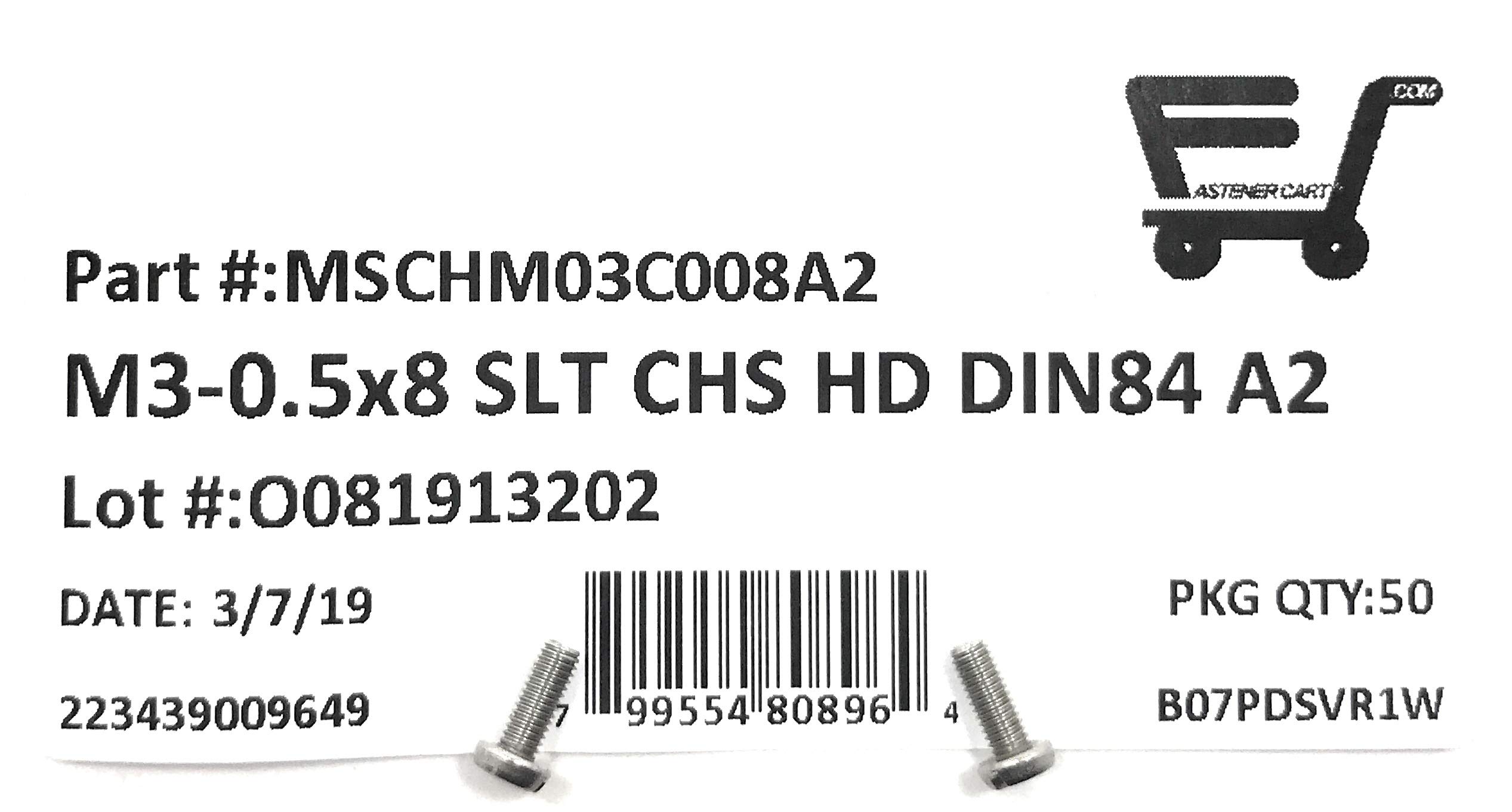 M3-.50 x 8 Stainless Steel Slotted Cheese Head Machine Screw DIN84 A2 M3x8 (50 Pieces)