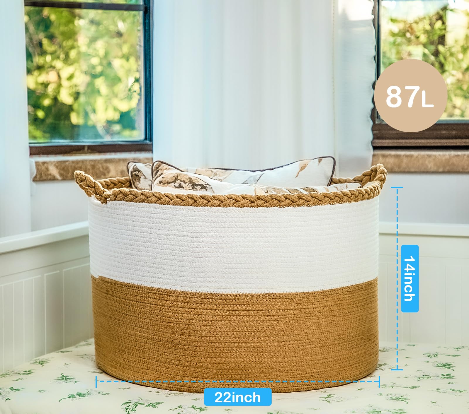 Homlikelan 87L Oversize Laundry Hamper,Cotton Rope Clothes Hamper,Woven Laundry Basket,Storage Basket for Blanket,Toys,Laundry Bin,Brown&White