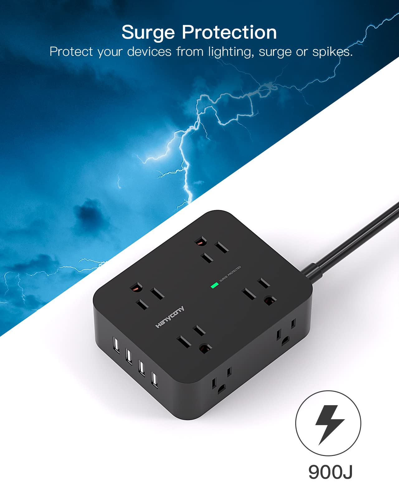 8 Outlets Power Strip with 4 USB Charging Ports, 3 Side Outlet Extender with 5Ft Braided Extension Cord, Flat Plug, Wall Mount, Desk USB Charging Station for Home Office
